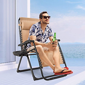 Goplus Zero Gravity Chairs, X-Large Outdoor Lounge Lawn Chair with Cup Holder & Detachable Headrest, Adjustable Folding Patio Recliner for Pool Porch Deck Oversize (Beige)