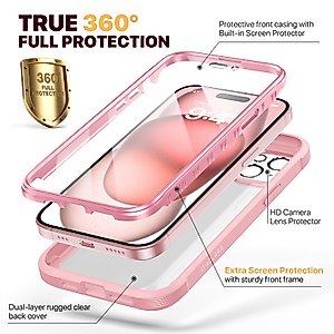 Diaclara Designed for iPhone 15 Case, Full Body Rugged Case with Built-in Touch Sensitive Anti-Scratch Screen Protector, with Camera Lens Protector for iPhone 15 6.1" (Coral Pink)