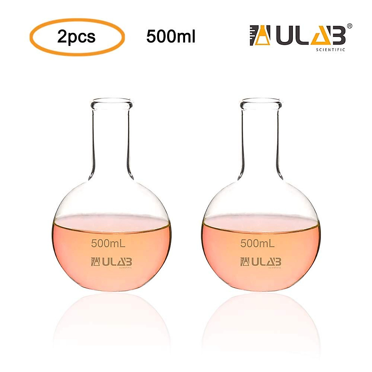 ULAB Boiling Flask of Flat Bottom Set, 2pcs of Vol.500ml, Borosilicate 3.3 Glass Material, UBF1010