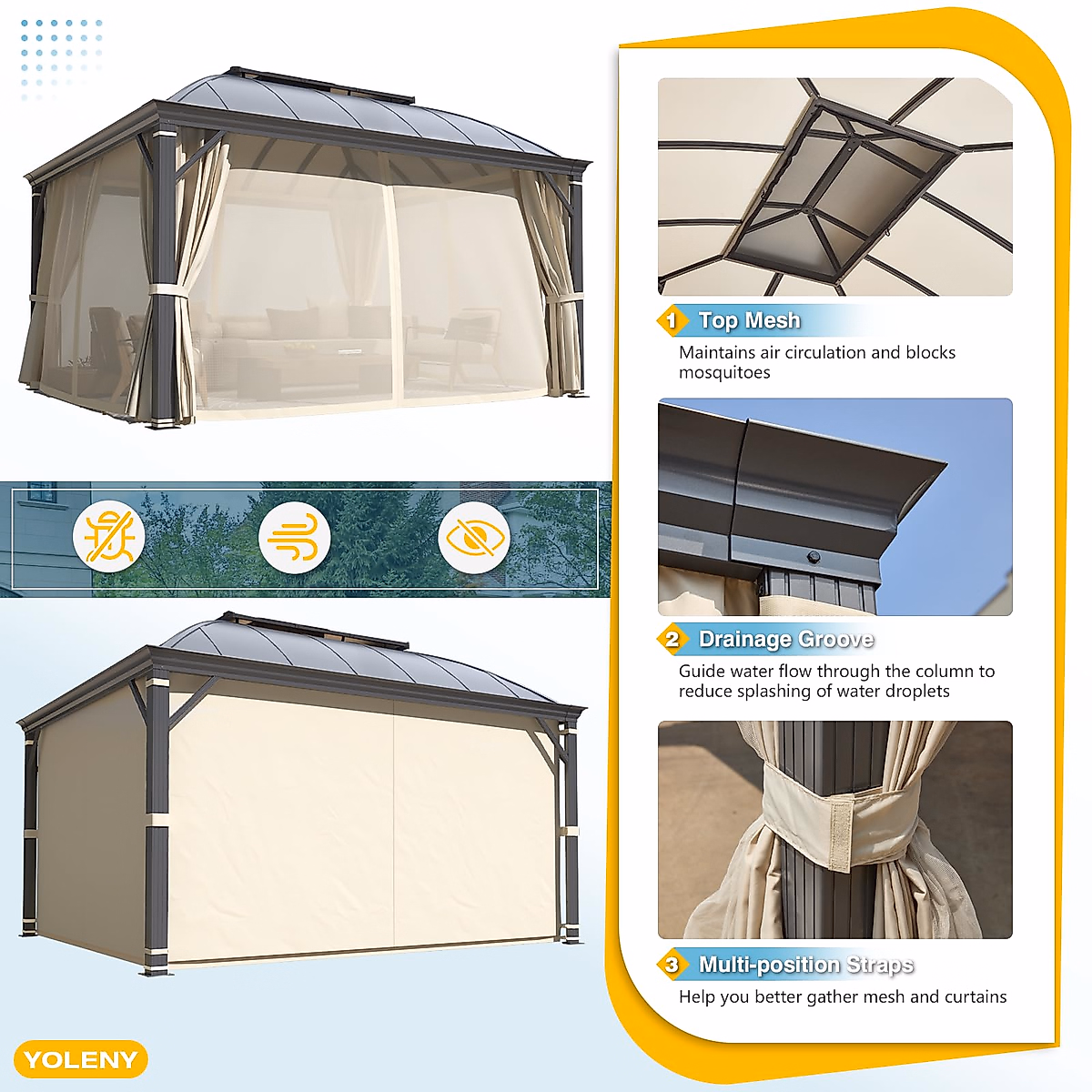 YOLENY 12'x14' Hardtop Gazebo, Permanent Outdoor Aluminum Patio Gazebo with Aluminum Composite Double Arc Roof for Patio Lawn and Garden, Curtains and Netting Included