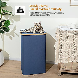 BRIAN & DANY Laundry Basket with Lid, Large Collapsible Laundry Baskets with Bamboo Handles, Laundry Hamper with Removable Bag Liner for Bathroom and Bedroom - Blue