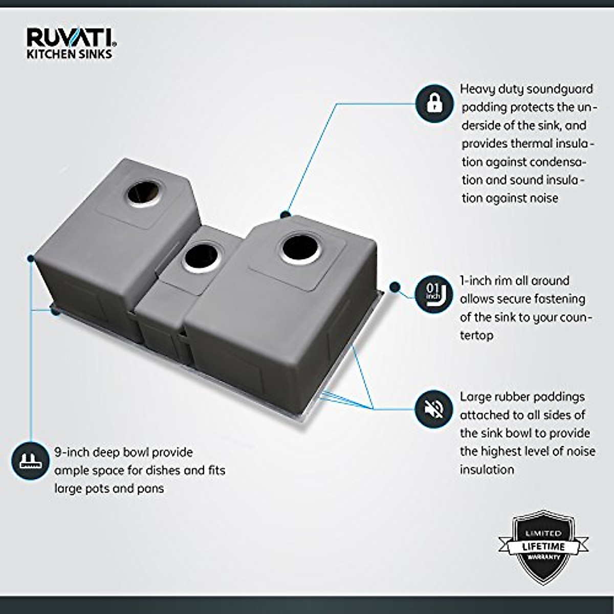 Ruvati 35" Triple Bowl Undermount 16 Gauge Stainless Steel Kitchen Sink - RVH8500