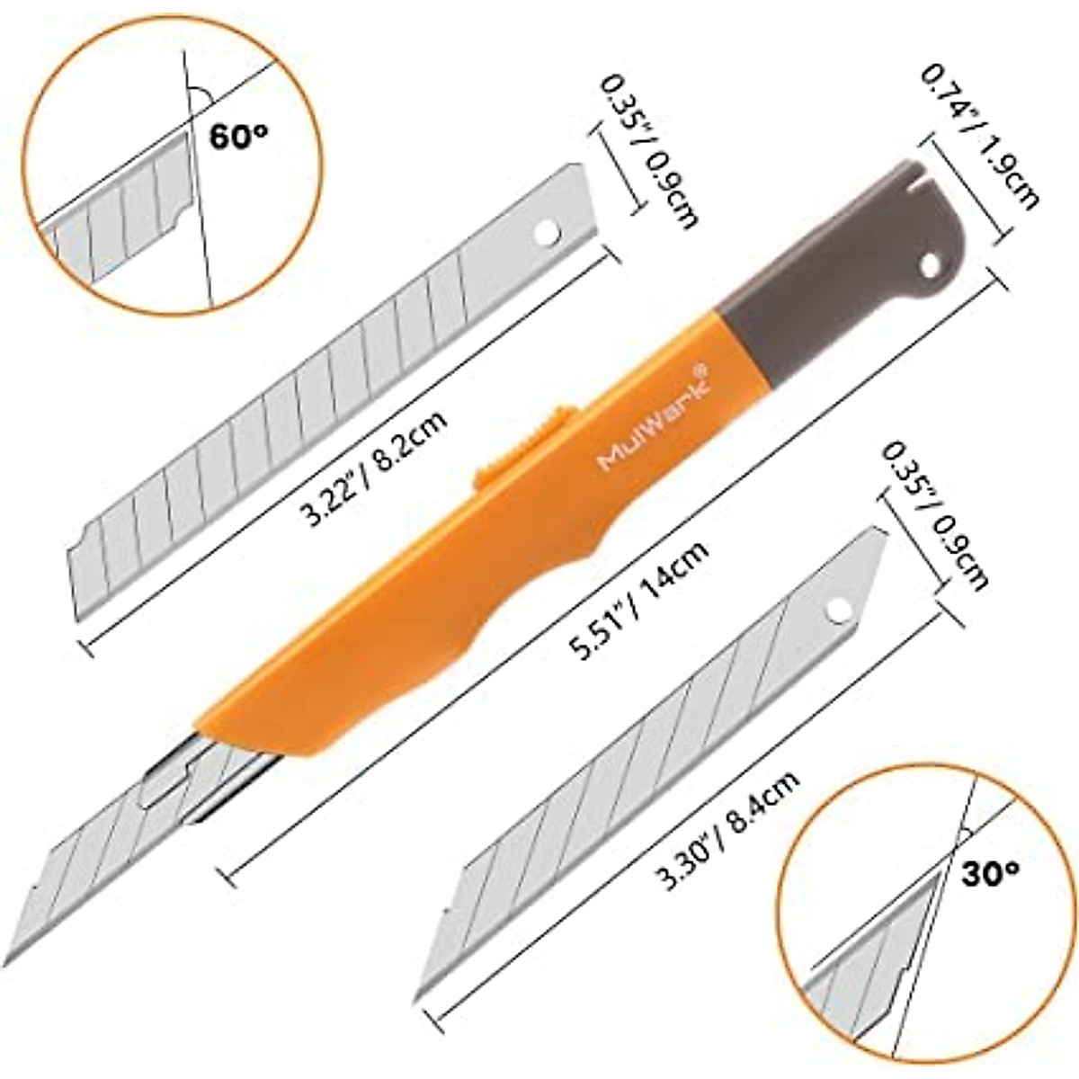 Mulwark 16PC Box Cutter Retractable Utility Knife Set - Heavy Duty Craft Knife with 10PC Sharp Snap-off 9MM 30 Degree Blades, 5PC 60 Degree Blade for Precision Cutting
