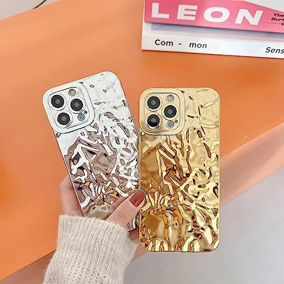 Yebowe Compatible with iPhone 13 Pro Max Case, Cute 3D Tin Foil Pleated Luxury Phone Cover for Women Girls Shiny Bling Designer Soft Silicone Case for iPhone 13 Pro Max, Gold