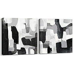Pigort Black and White Abstract Hand-Painted Wall Art Decor - 2 Piece Set, Grey Decorative Framed Black & White Abstract Canvas Art for Living Room, Bedroom, Office Home Decor & Gift 24x24Inch
