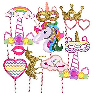 Gold Unicorn Photo Booth Props, Unicorn with Crown Party Supplies, Rainbow Unicorn Theme Large Photo Boothprops Colorful(12 pcs-Fully Assembled) for Girls Kids Birthday Baby Shower Party