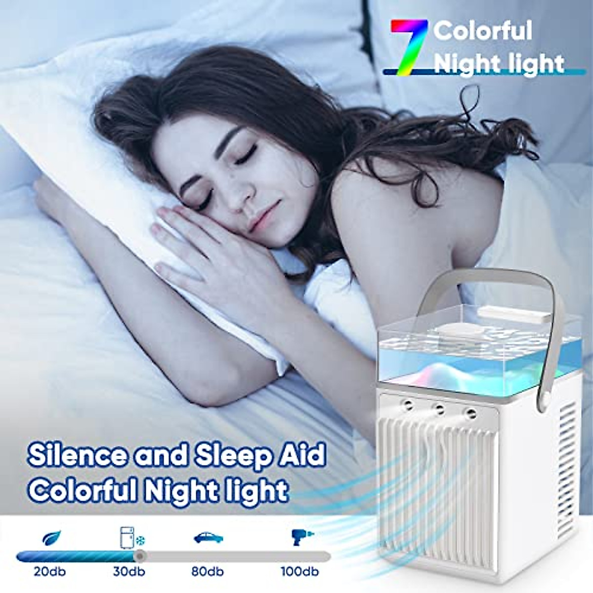 ELLASSAY Mini Air Conditioner, 4 IN 1 Portable Air Cooler, 3 Speeds Evaporative Air Cooler, Desk Air Conditioner Room Car Office Camping 2000mAh Battery Powered & Type-C Rechargeable Grey/White