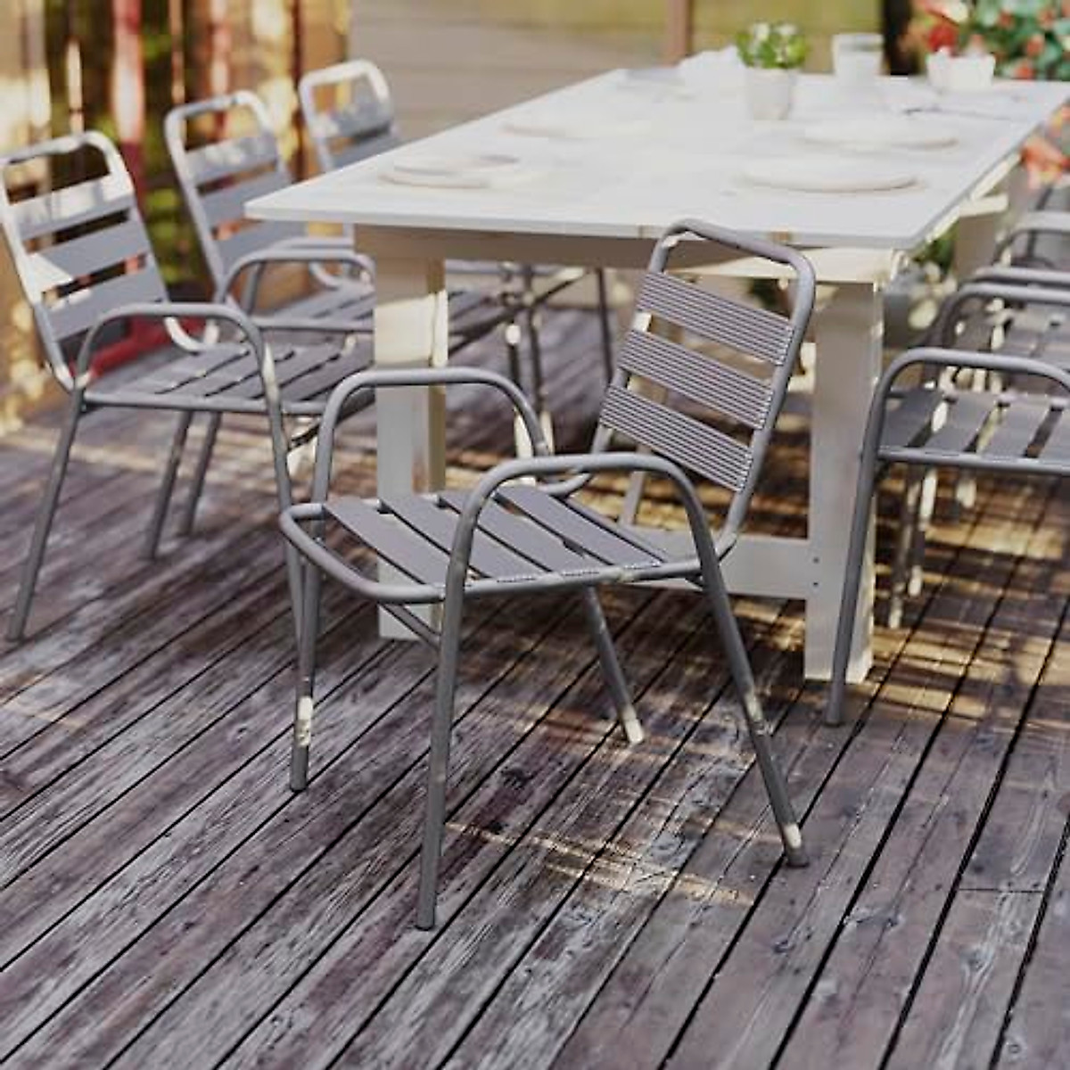 Flash Furniture Lila Commercial Restaurant Stack Chair with Triple Slat Back and Arms, Indoor-Outdoor Dining Chair, Silver