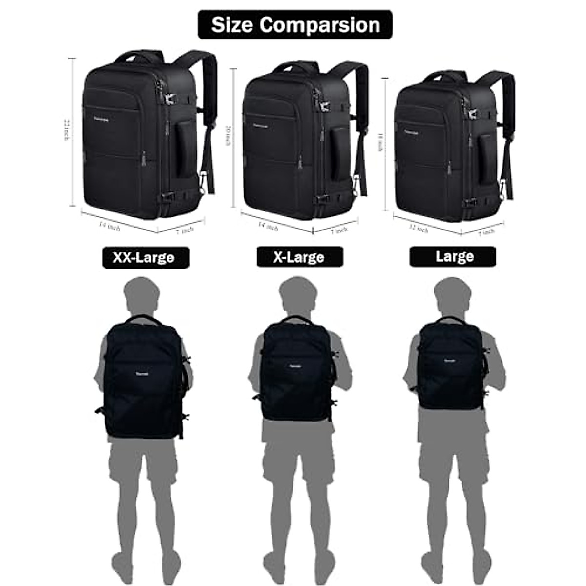 50L Travel Backpack, Large Carry on Backpack Expandable Flight Approved Water Resistant Luggage Suitcase Weekender Business Daypack Overnight Duffle Bag for Men travel，World Traveler Gift, Black