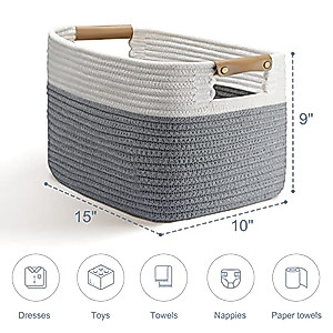 LOVSTORAGE Cotton Rope Basket for Storage, Set of 3 Storage Baskets for Organizing with Handles Woven Laundry Basket in Living Laundry Room for Blankets Toys Throws Pillows Towels 15"x10"x9" White/Grey