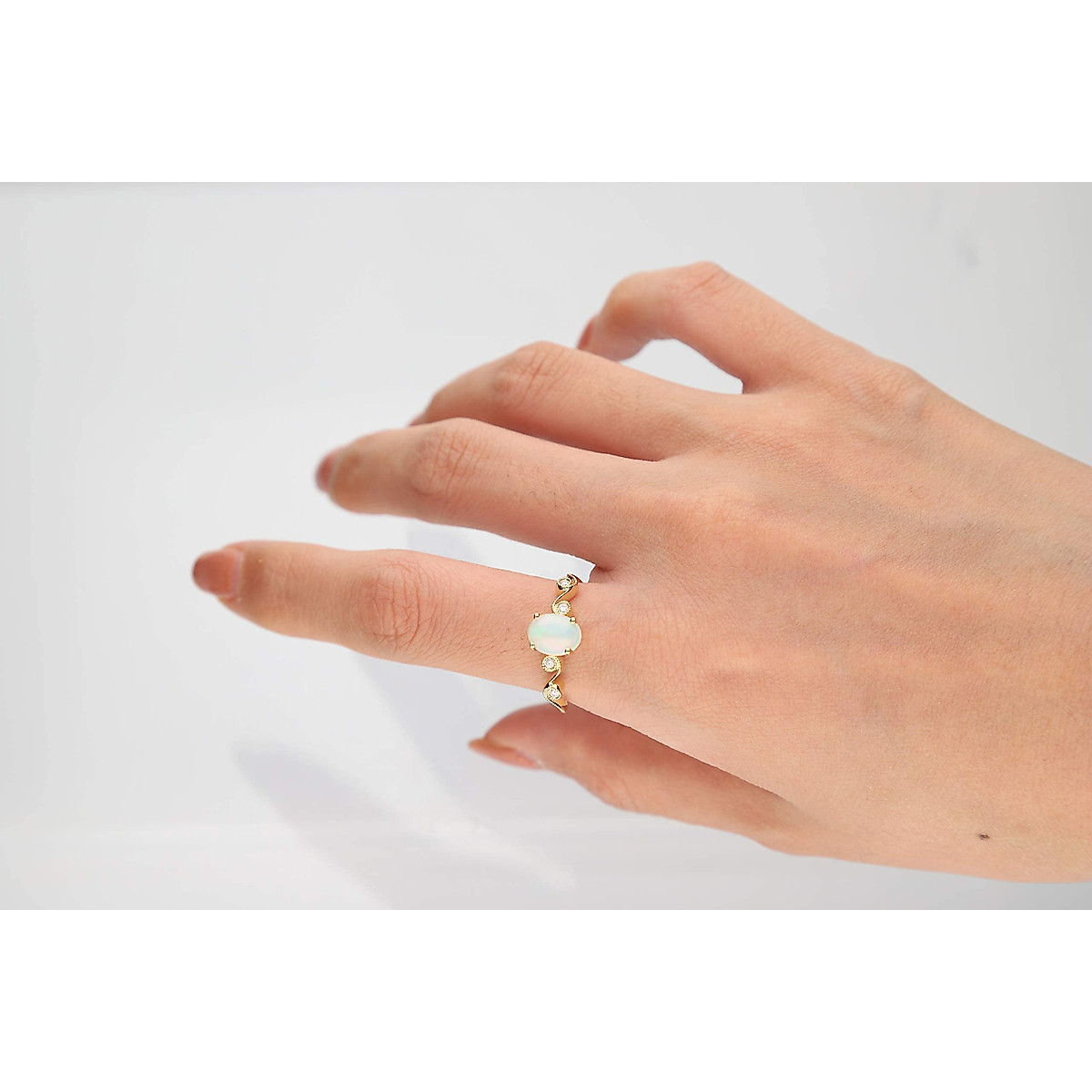 Gin & Grace 14K Yellow Gold Natural Ethiopian Opal Ring with Real Diamonds| Ethically, authentically & organically sourced (Oval) Shaped Opal Hand-Crafted Jewelry for her | Opal Ring for Women