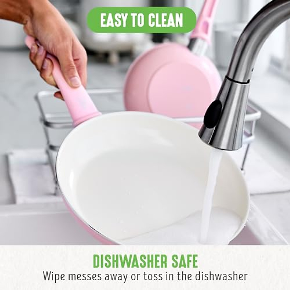 GreenLife Soft Grip Healthy Ceramic Nonstick 18 Piece Kitchen Cookware Pots and Frying Sauce Saute Pans Set, PFAS-Free with Kitchen Utensils and Lid, Dishwasher Safe, Soft Pink