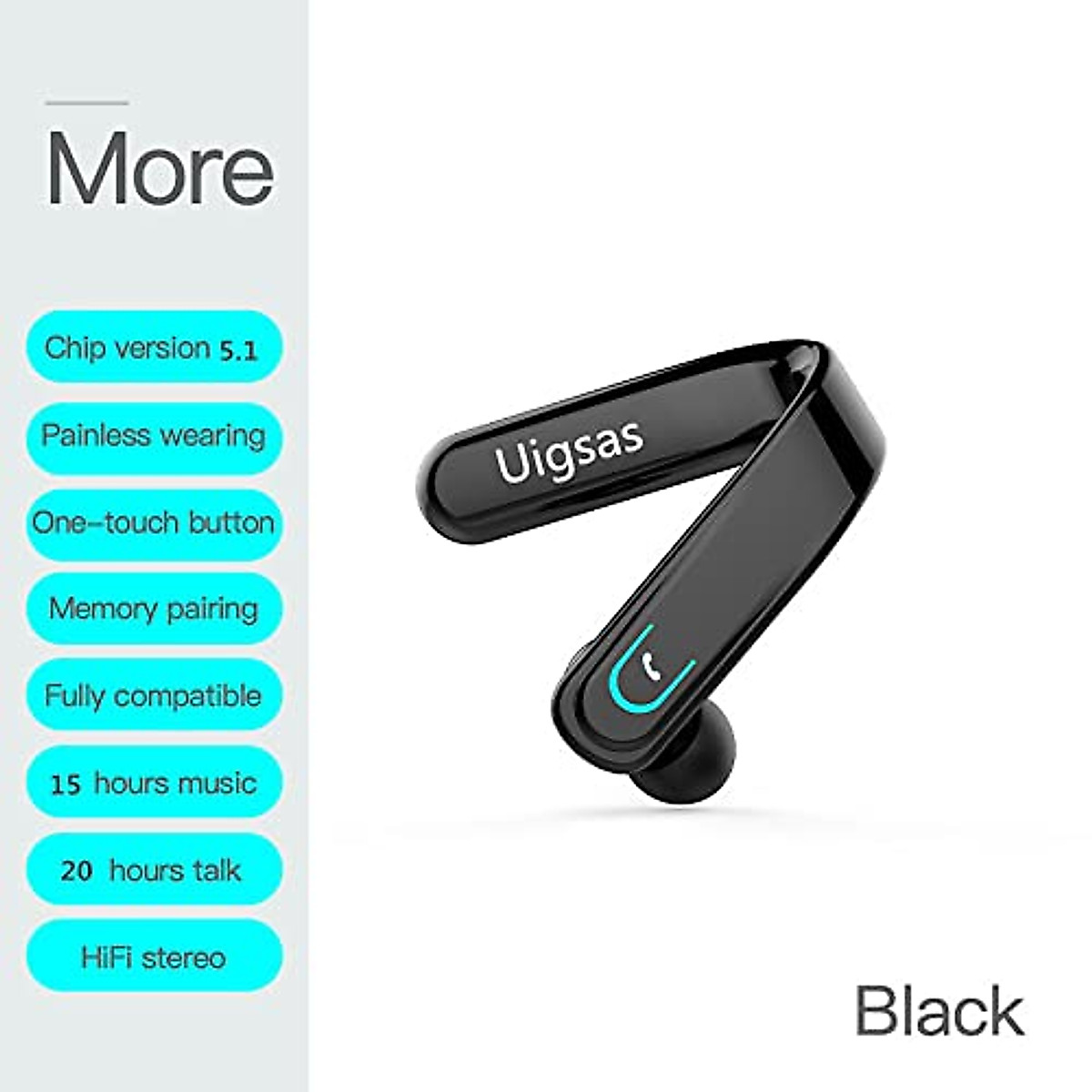 Uigsas Bluetooth Headset, Wireless Bluetooth Earpiece Handsfree Earphones with Microphone Headset 15hrs Working for Laptop Cell Phones Computer Trucker Driver