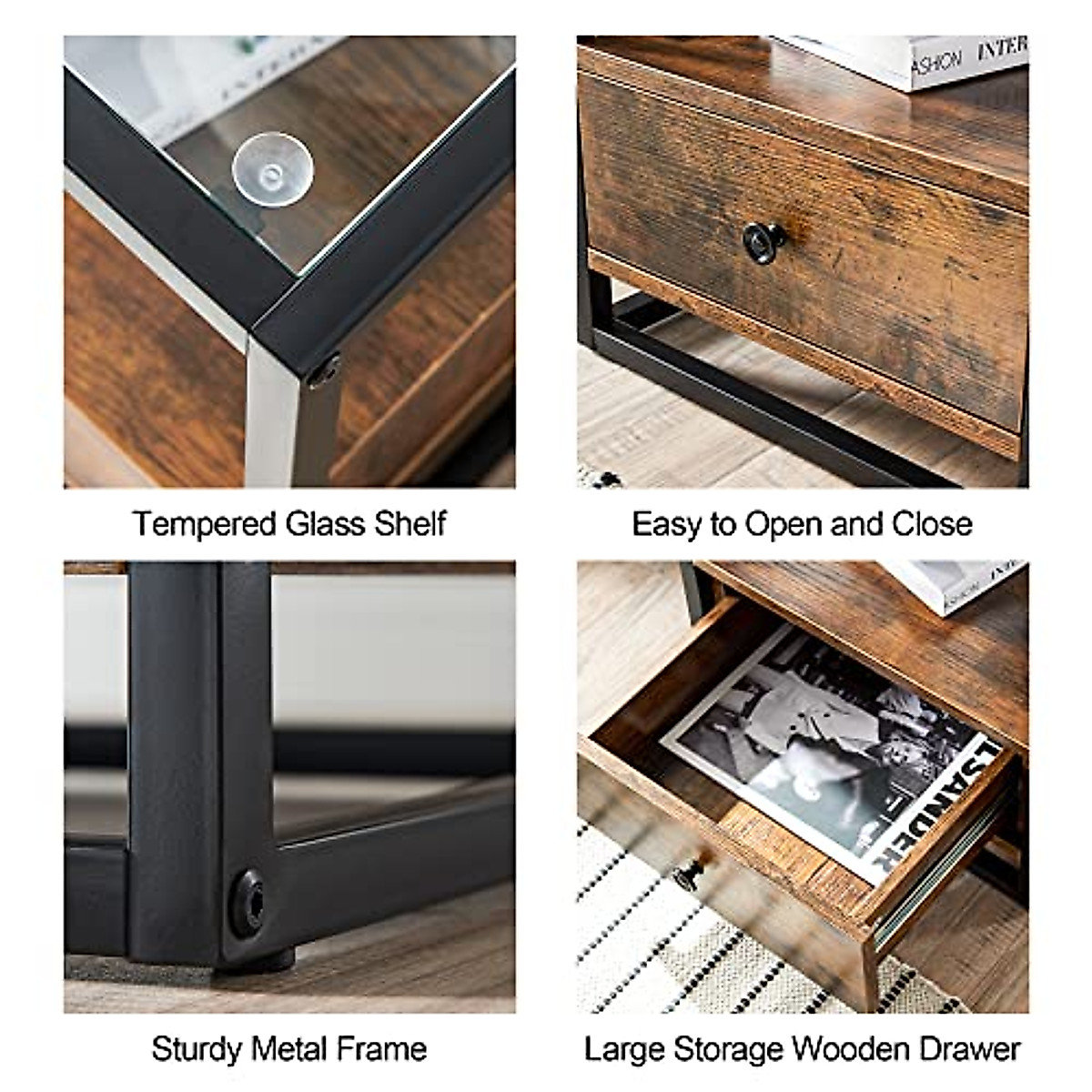 SICOTAS Nightstand Set of 2 - Tempered Glass Top with Drawer - Modern Glass Night Stand with Drawer and Storage Shelf, Industrial End Table Side Table, Bedside Table with Metal Frame for Living Room