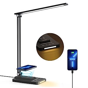sympa LED Desk Lamp, Desk Lamp with Wireless Charger, Dimmable Desk Light with 25 Light Modes, Study Lamp with Night Light, 60 Min Timer, 5S Delay, for Home Office