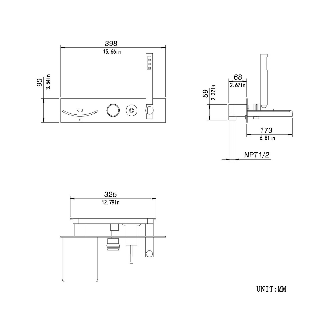 Homelava Waterfall Basin Sink Wall Tap Faucet, Metal Bar Tap Bathtub Shower Tap with Hand Wash Faucet, Rain Faucet Kit Basin Water Control System for Kitchen and Bathroom Gold