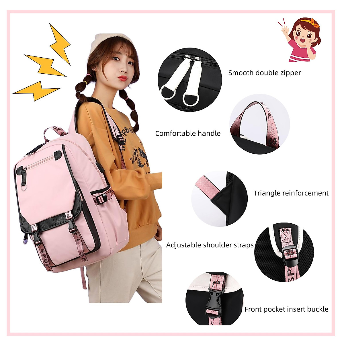 Backpack for Girls Casual Daypack Nylon Waterproof Kids Elementary Middle Schoolbag Children Bookbag