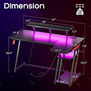 MOTPK L Shaped Gaming Desk with LED Lights, Corner Gaming Computer Desk 47inch with Power Outlets, Gaming Table with PC Storage Shelf, Gamer Desk with Monitor Shelf, Carbon Fiber Texture, Black