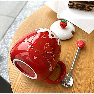 Mozacona Ceramic Mug Strawberry Love Coffee Cup Water Cup with Strawberry Lid and Spoon