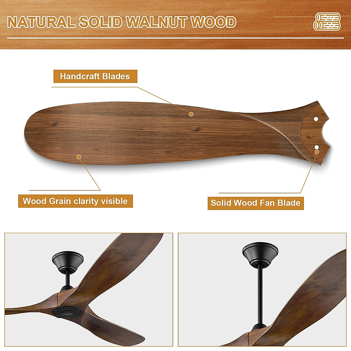 70 Inch Outdoor Ceiling Fan No Light Large Airflow Farmhouse Rustic Ceiling Fans 3 Blades Wood Propeller Ceiling Fan Reversible DC Motor for Exterior House Porch Gazebo (70'' Walnut Ceiling fan)