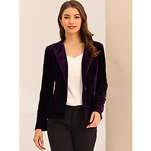 Allegra K Women's Work Office Velvet Belted Lapel Collar Blazer Jacket Medium Purple