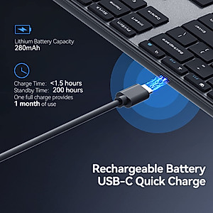 AUSDOM Wireless Bluetooth Keyboard Full Size, Quiet Slim Multi-Device Rechargeable Cordless QWERTY Keyboard with Number Pad, Low Profile Silent Flat Universal Keyboard for Computer/Mac/Windows