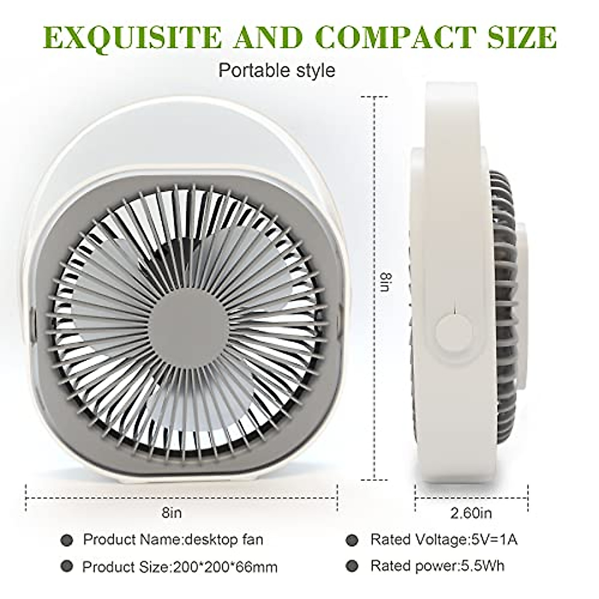 Novelth Box Fan USB 8 Inch Portable Table Fan with 3 Speeds Ultra Quiet Mini Personal Fans 4000mAh Rechargeable Battery Powered for Home Office Bedroom and Travel, White, 20×20×6.6 CM