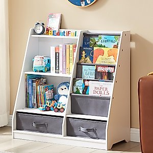 GABHX Kids Bookshelf with Storage Drawers and Layer Sling Bookcase, 4 Tier Toddlers Book and Toy Organizer and Dispaly Cabinet for Playroom, Kids Room, Classroom, Nursery (White)