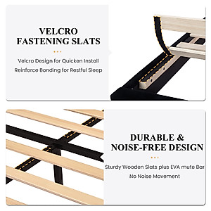 SHA CERLIN King Platform Bed Frame with Velvet Upholstered Headboard, Mattress Foundation with Strong Wooden Slats Support, No Box Spring Needed, Black