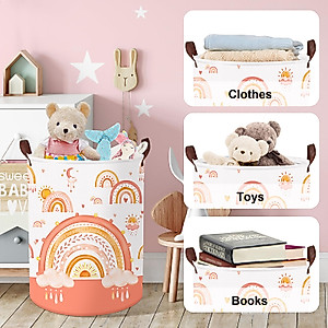 Clastyle Boho Rainbow Collapsible Laundry Basket with Handle Baby Girls Clothes Hamper for Nursery Kid Room Sun Moon Cloud Beach Towel Toy Storage Basket with Lid