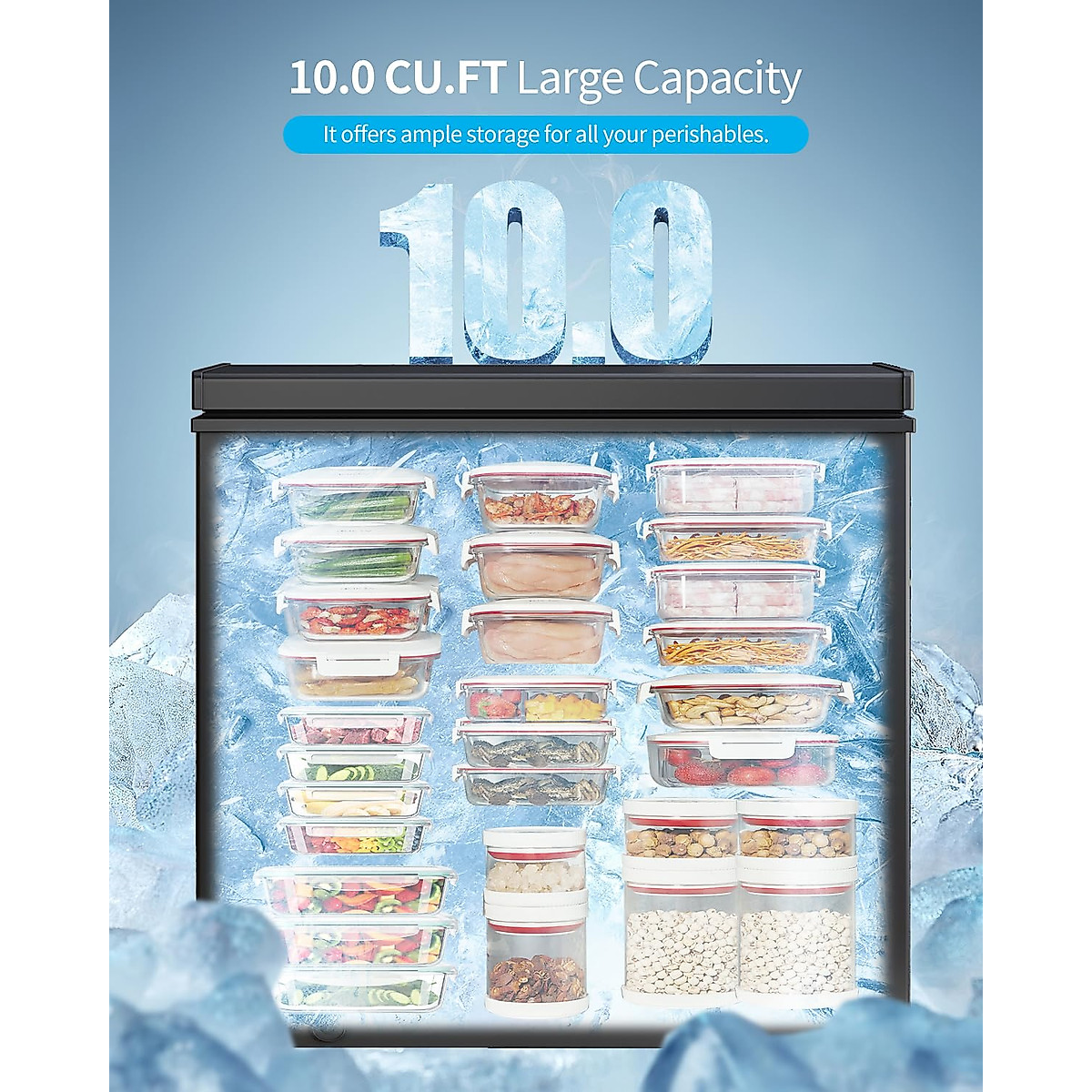 TABU 10 Cu Ft Large Chest Freezer with 7 Level Adjustable Thermostat,Compact Freestanding Top-opening Deep Freezer with Removable Storage Basket, Black