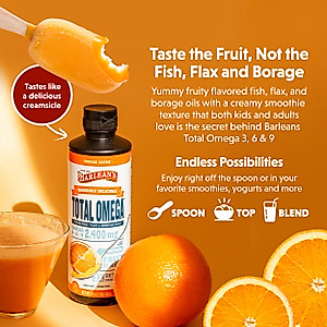 Barlean's Total Omega 3 Fish Oil Liquid Supplement, Orange Crème Flavored with Borage Oil and Flaxseed Oil, 2,400 mg of Omegas 3 6 9 EPA and DHA Plus GLA, 16 oz