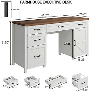 Farmhouse 61'' Executive Desk with 5 Drawers, Rustic Office Desk Computer Desk with Charging Station, File Drawers and Storage Cabinet, Wood Workstation for Home Office and Study, Untique White