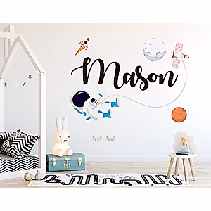Custom Name Astronaut Wall Decal - Personalized Astronaut Wall Sticker - Spaceship Planet Outer Space Wall Art Mural - Wall Decal for Nursery Bedroom playroom Decoration (Wide 15"x11" Height)