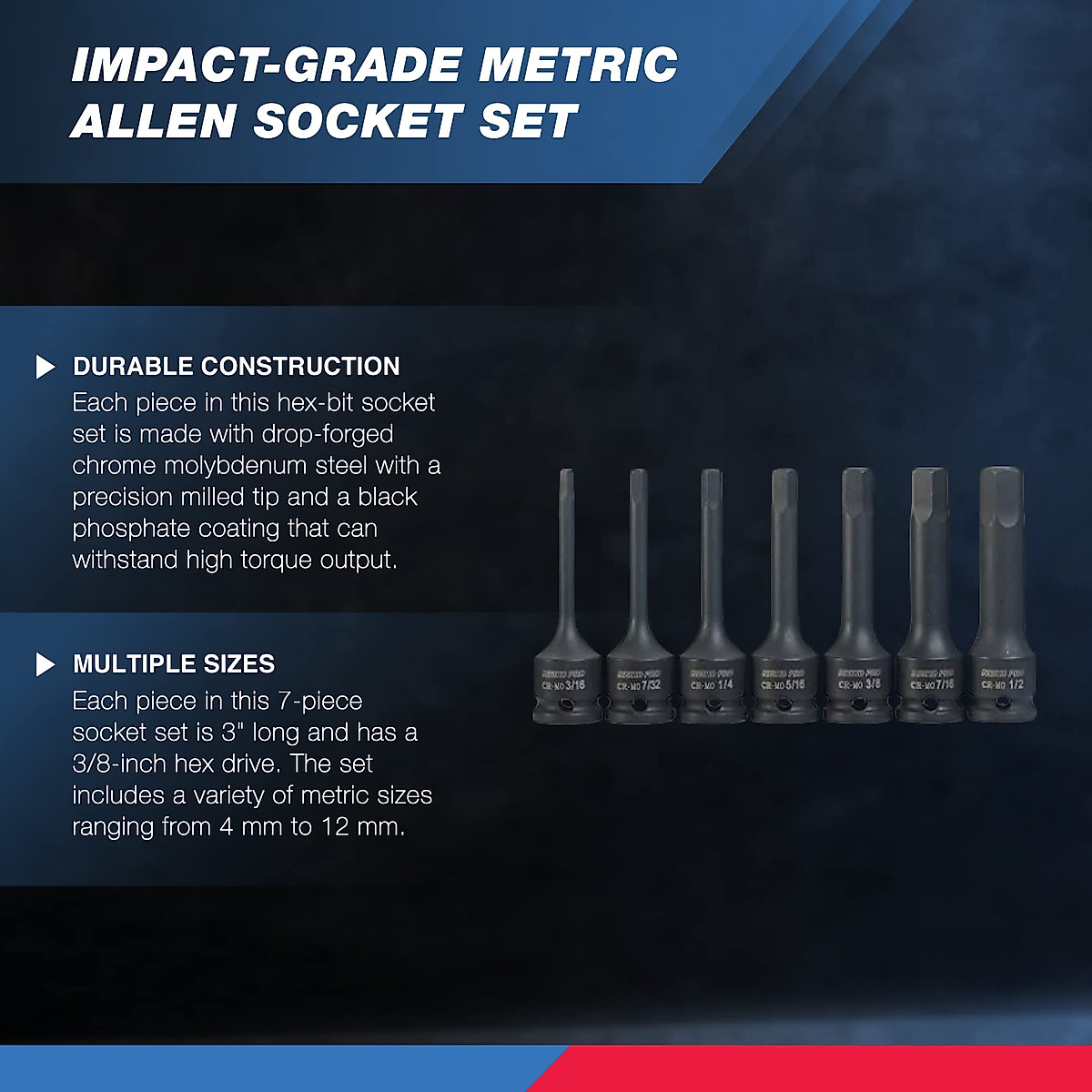 NEIKO 01130B 3/8" Drive Allen Socket Set, 7 Piece, 3 Inch, 3/8” Impact Hex Bit Socket Set, Metric Hex Driver 4 mm to 12 mm, Chrome-Moly Cr-Mo Impact Grade