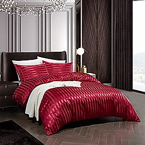 RevenRella 3 Piece Satin Duvet Cover Set Bedding Sets Italian Style 1800 Series Luxury Rich Silk Silky Super Soft Stripes Hidden Zipper Closure Reversible Wrinkle Free Honeymoon(Burgundy, King)