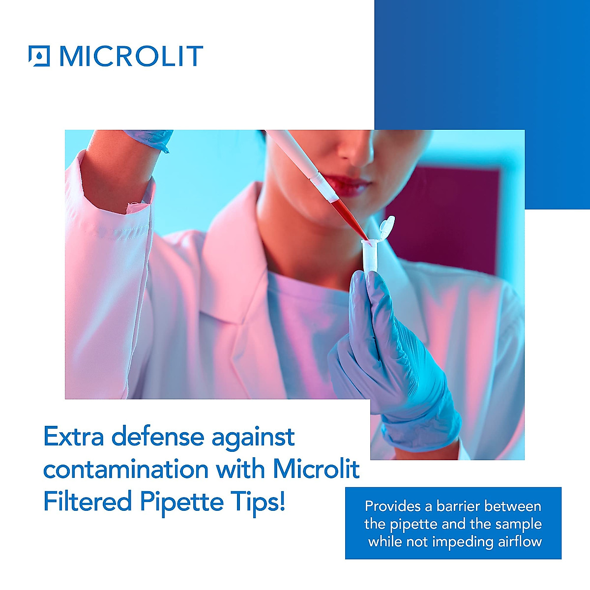 MICROLIT - Filtered Micropipette Pipette Tips, Low-Retention and Clean-Release Hydrophobic Transfer Pipette Tips, Universal Fit 1000 ul Pipette Tips, 480-Count Plastic Pipette Tips, 1 Pack of 5 Racks