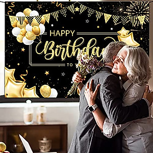 Happy Birthday Backdrop Banner Gatherfun Birthday Party Supplies Decorations Large Black and Gold Photography Background for Boys Girls Men Women Birthday Party