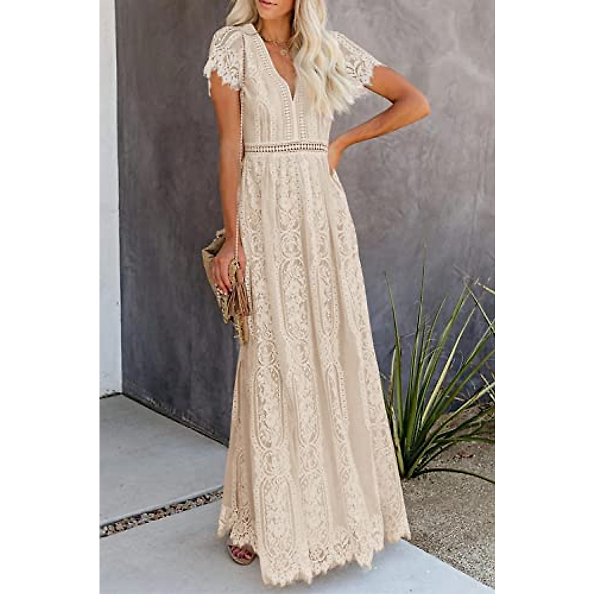 PRETTYGARDEN Women's Floral Lace Maxi Dress 2023 Short Sleeve V Neck Bridesmaid Wedding Evening Party Dresses (Apricot,Medium)