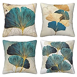 LOHDALOLF Teal and Gold Pillow Covers Set of 4 Turquoise Leaf Floral Pillow Cases Modern Simple Style Decorative Cushion Covers for Sofa Couch 18x18 Inch