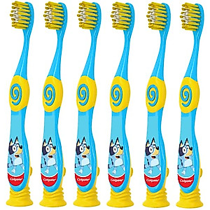 Colgate Bluey Toothbrush for Children with Suction Cup, Kids 2-5 Years Old, Extra Soft (Colors & Characters Very) - Pack of 6