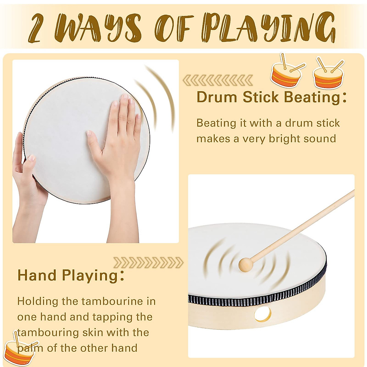 Hand Drum Percussion Wood Frame Drum With Drum Stick 10 Inch 8 Inch 6 Inch Kids Drums Musical Instruments For Adults Drums Beginners Adults for Home School Party Supplies（Wood Color）