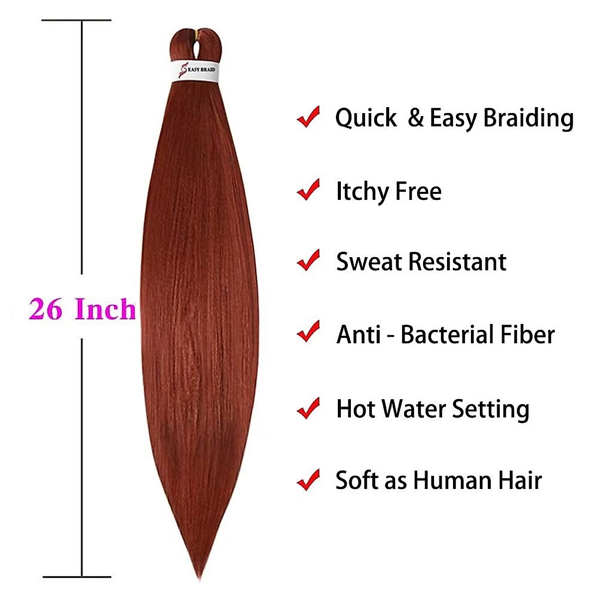 Ginger Braiding Hair Pre Stretched 26 Inches Copper EZ Braiding Hair Yaki Texture 6 Packs/Lot Braids Hot Water Setting Professional Synthetic Braiding Hair for Box Crochet Hair Extensions (#350)
