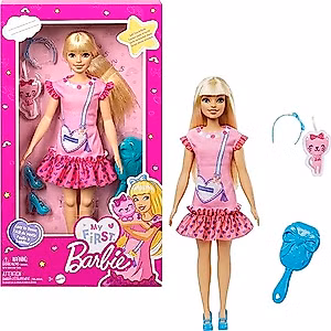 Barbie My First Barbie Preschool Doll, "Malibu" with 13.5-inch Soft Posable Body & Blonde Hair, Plush Kitten & Accessories