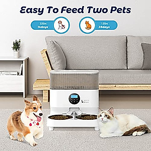 Sobralik Elevated Automatic Cat Feeder for Two Cats, 5L Dry Food Dispenser with Splitter and Two Stainless Bowls, 4 Meal Per Day and Portion Control, 10s Voice Recorder, Dual Power Supply
