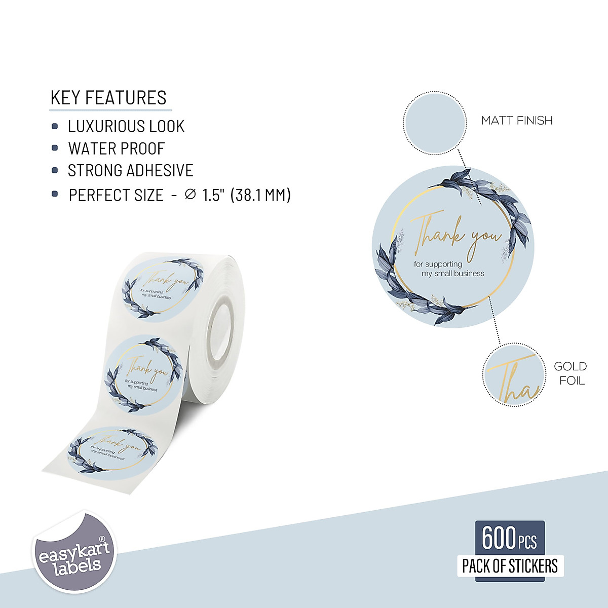 easykart labels 600 Business Thank You Stickers in roll, 1.5" Round Size| Pastel Blue Flower Bunch Design with Gold Foil | Highly Recommended for Small Business Owners.