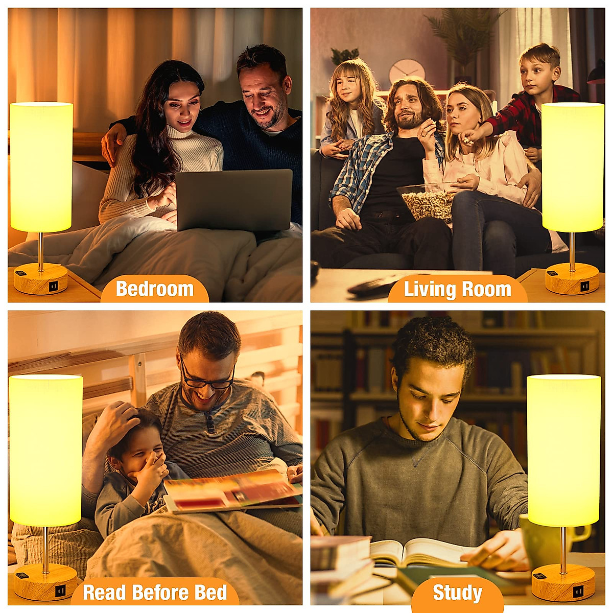 ZEXDOK Table Lamps Set of 2 with USB Ports and Outlets, Touch Control Lamps for Bedroom 3-Way Dimmable Nightstand Lamps with USB A+C Charging Ports & Ac Outlet for Living Room, Dorm, Home Office