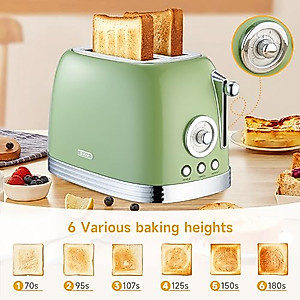 Toaster Retro 2 Slice, Vintage Toaster, Green Toaster, With Stainless Steel Lid, With Bread Attachment, Preheat, Defrost And Cancel Functions, 6 Browning Levels (Green)