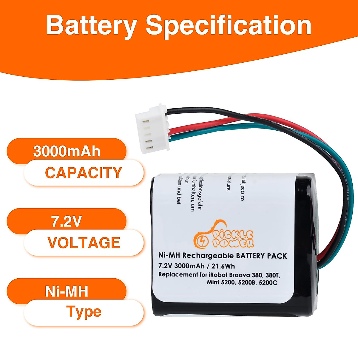 Pickle Power 3000mAh 7.2V NiMH Battery Replacement for iRobot 380 380T 390 390T Mint 5200 5200B 5200C Vacuum Cleaner