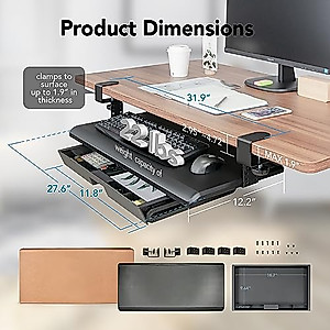 EHO Keyboard Tray with Drawer - Clamp On Under Desk Pull Out Extender Table Attachment Platform with Storage Organizer, Large Size 27.5" x 12.25", Height Adjustable for Home Office